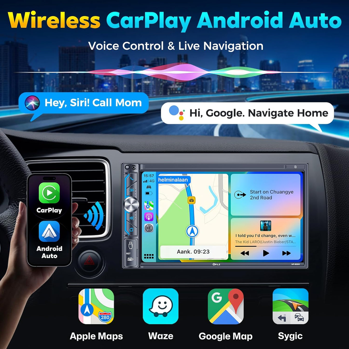 MP-902W 7 Inch Double Din Car Stereo With Wireless Apple CarPlay & And ...